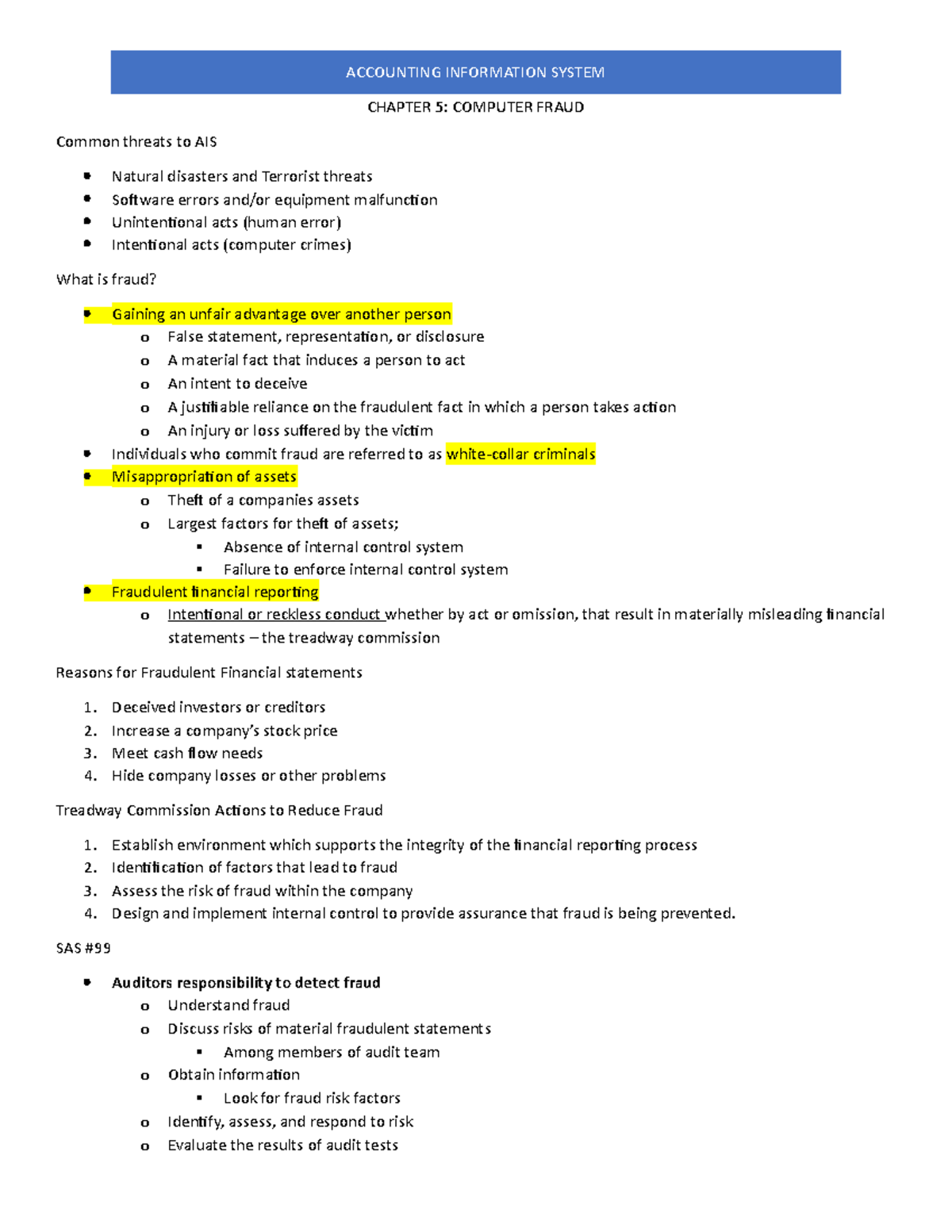 AIS midterm notes ........... - CHAPTER 5: COMPUTER FRAUD Common ...