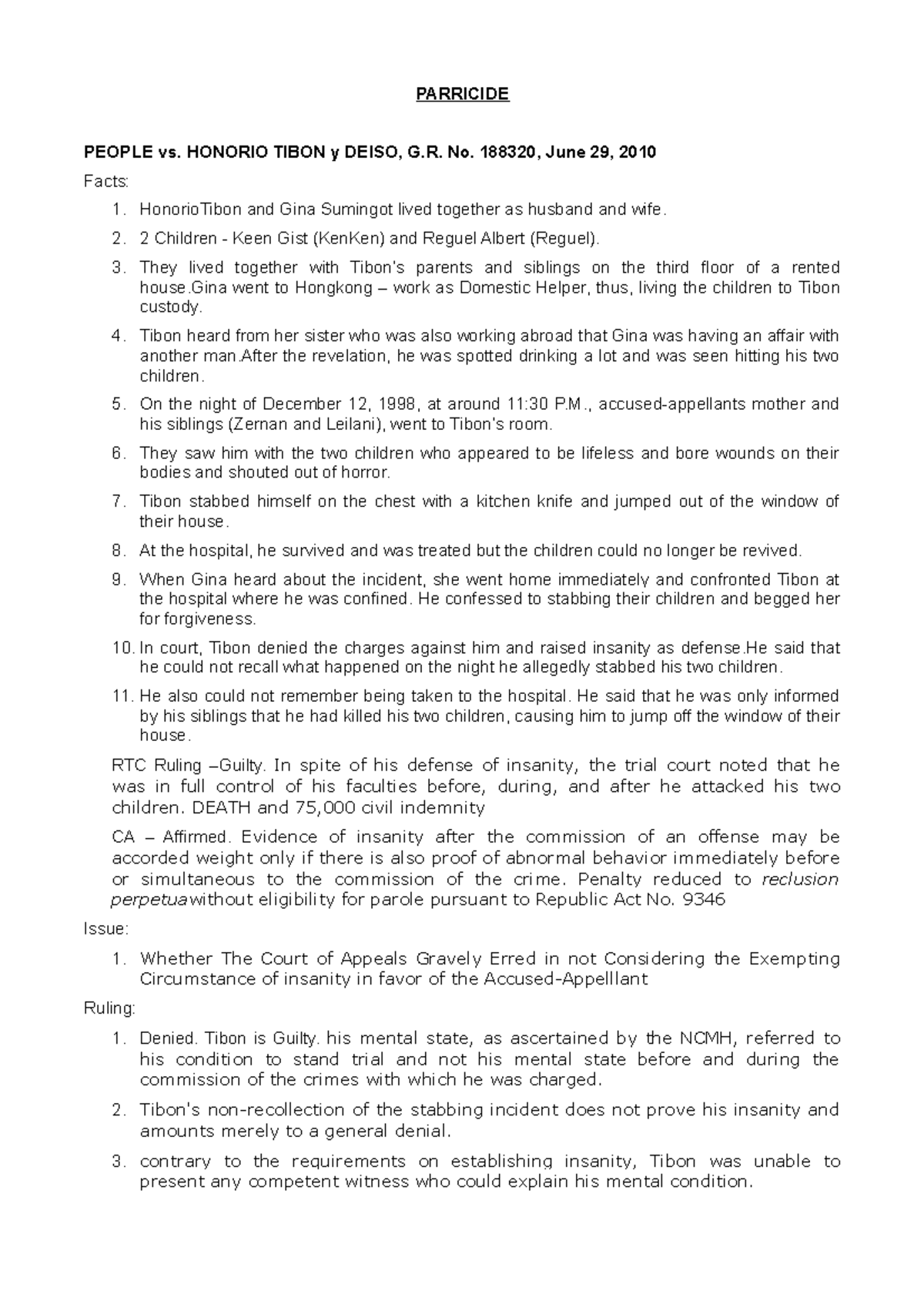 Crim Law 2 Cases Finals - PARRICIDE PEOPLE vs. HONORIO TIBON y DEISO, G ...