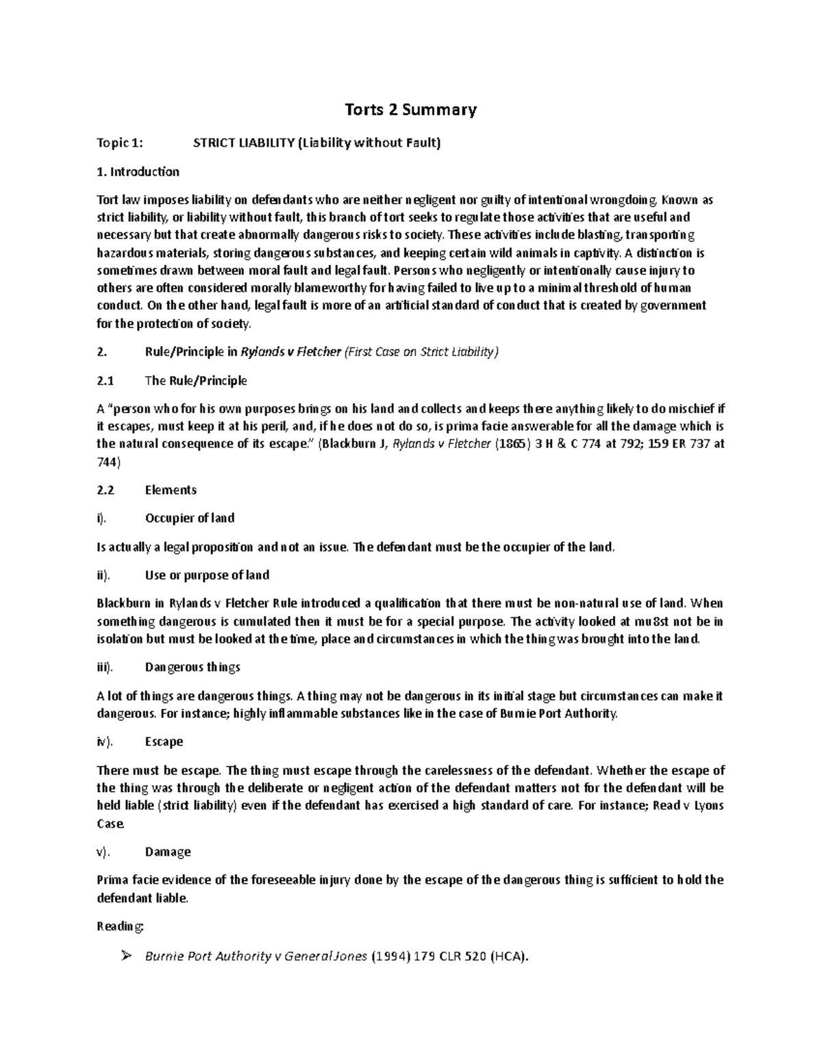 Tort 2 Summary - Compiled Notes - Torts 2 Summary Topic 1: STRICT ...