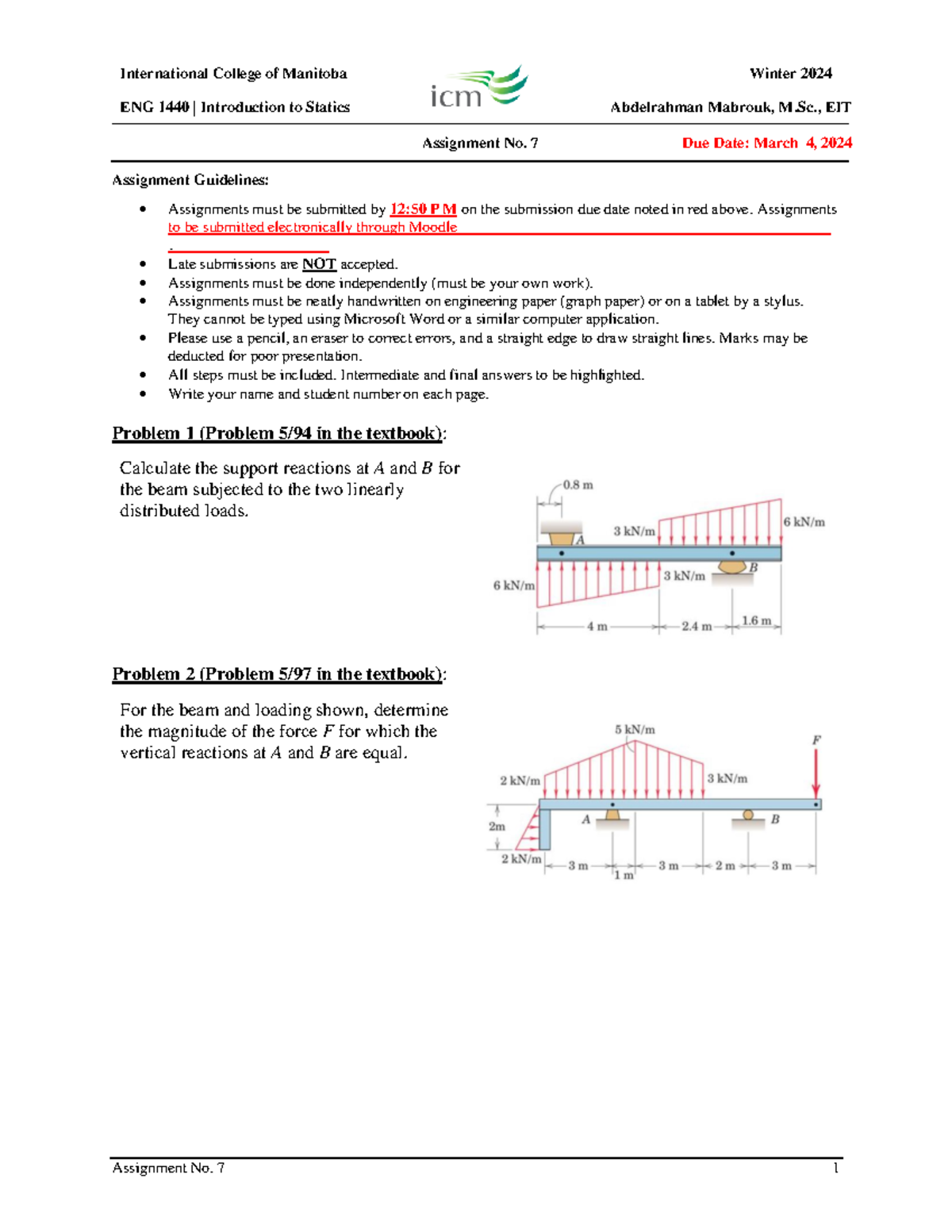 Assignment 07 - International College of Manitoba Winter 2024 ENG 1440 | Introduction to Statics ...