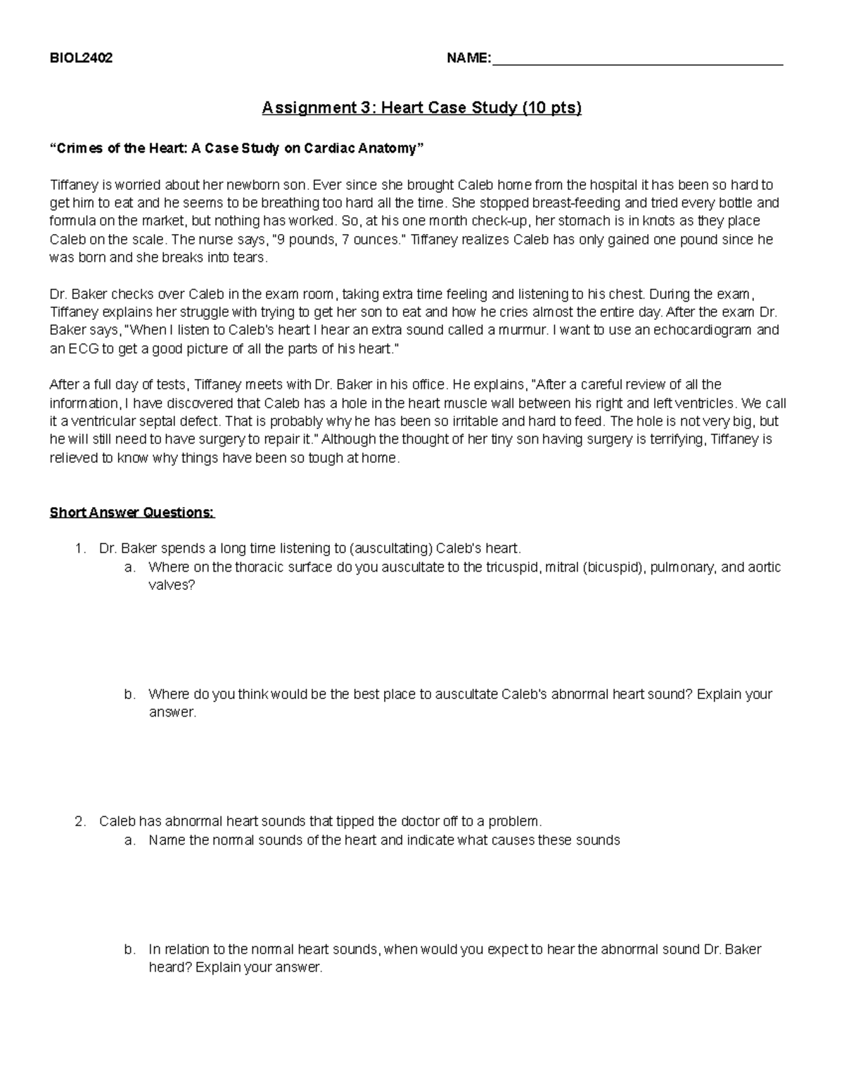 A3-Heart Case Study - Heart notes - BIOL2402 NAME ...