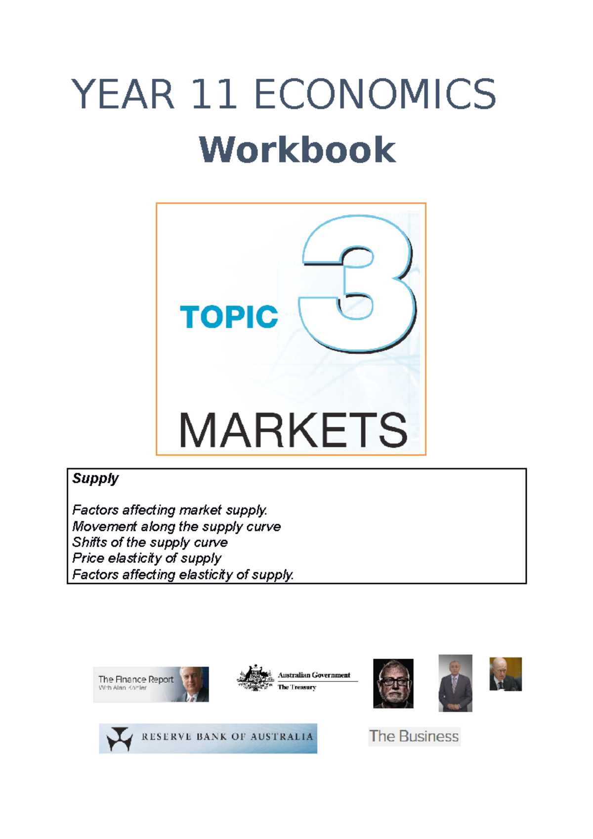 Workbook 3 - Market Supply - YEAR 11 ECONOMICS Workbook Supply Factors ...