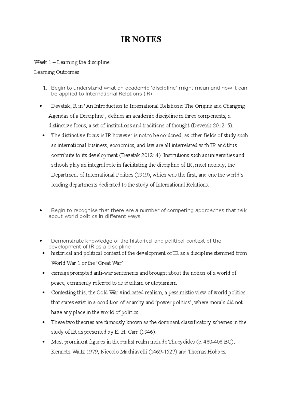 Ir notes - Summary International Relations - IR NOTES Week 1 Learning ...