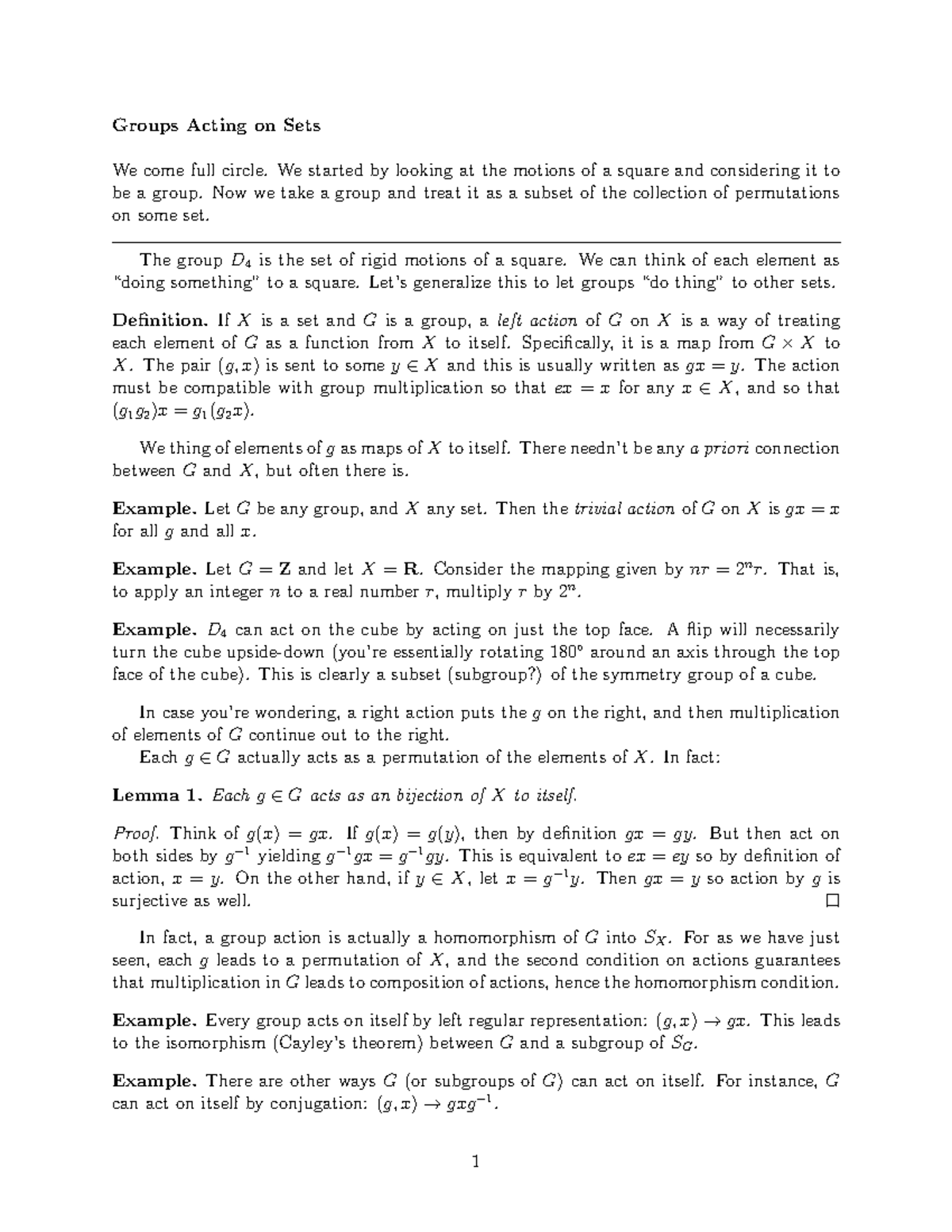 23 Group Actions - Groups Acting on Sets We come full circle. We ...