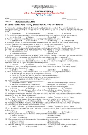First Quarter EXAM Econ - FIRST QUARTER EXAM SHS 12 - Applied Economics ...