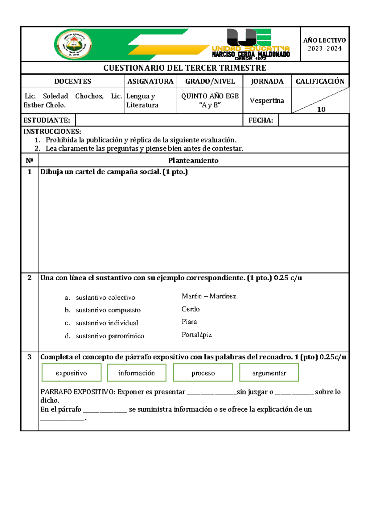 Cuestionario DE L.L TRI-III SIN Respuestas - AÑO LECTIVO 2023 - 2024 ...