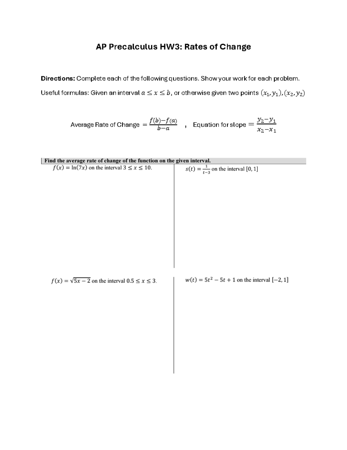 HW3 Rates of Change - Mr. J - AP Precalculus HW3: Rates of Change ...