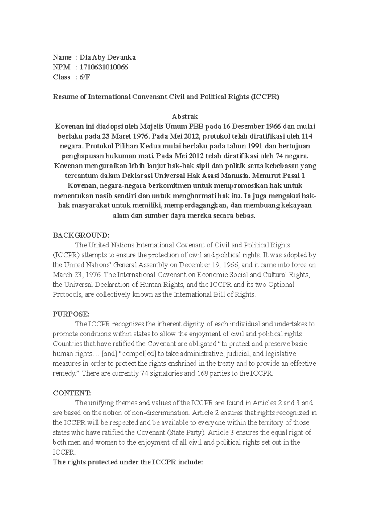 Dia Aby Devanka 6F (Resume Iccpr) - Name : Dia Aby Devanka NPM ...