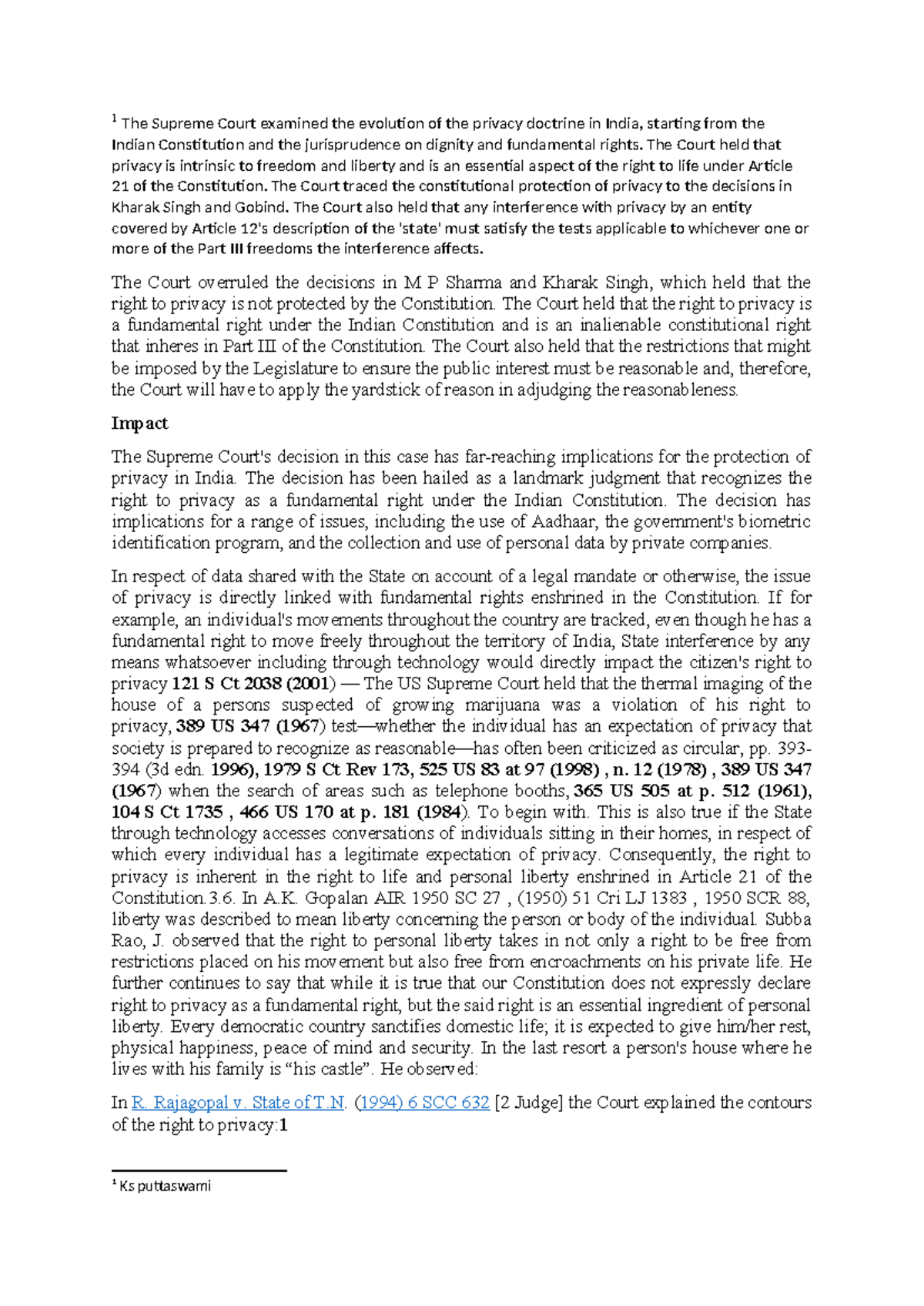 Ks puttaswamy - ndjj - 1 The Supreme Court examined the evolution of ...