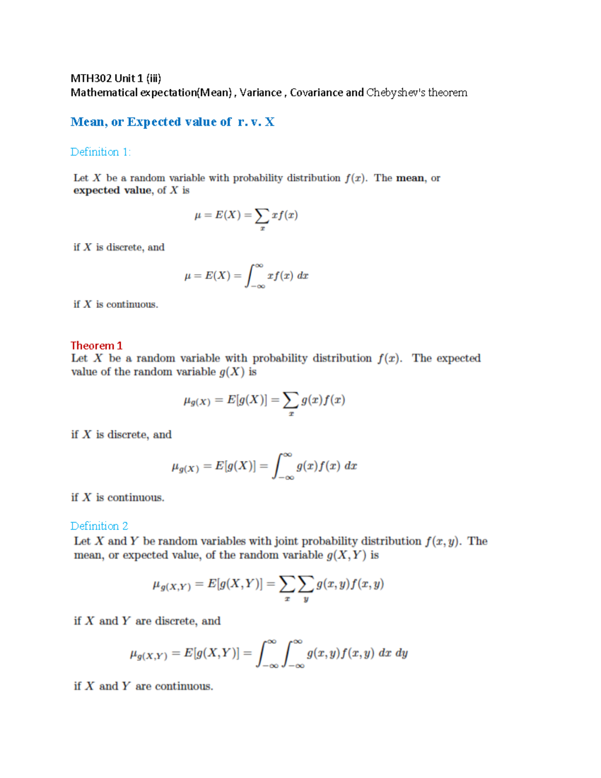 Unit 1 iii mean variance co variance MTH302 - MTH302 Unit 1 (iii ...