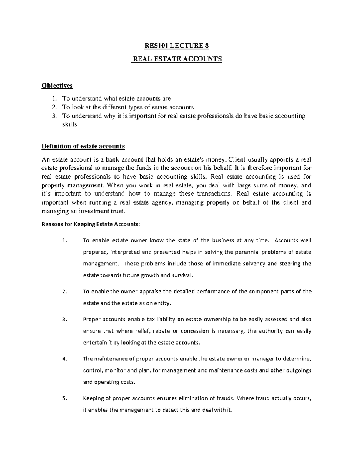 RES101 Lecture 8 - RES 101 - RES101 LECTURE 8 REAL ESTATE ACCOUNTS Objectives To understand what ...