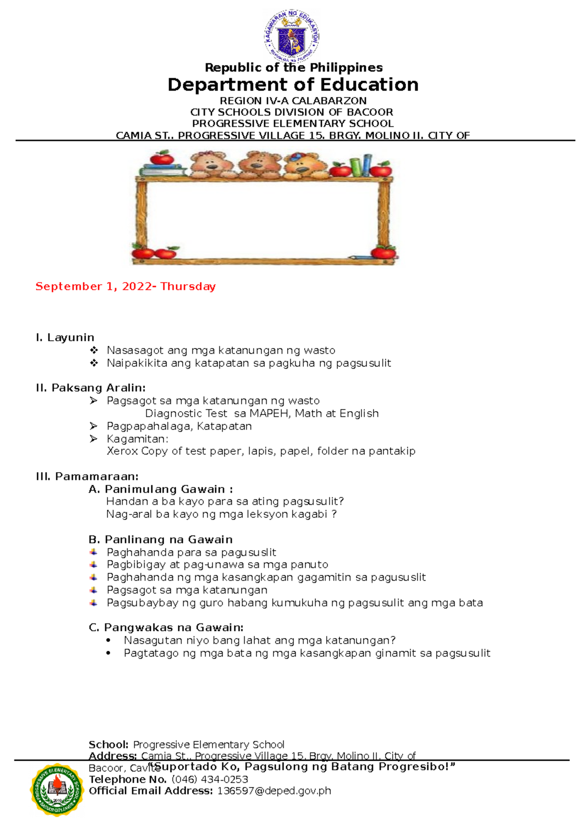 Diagnostic Test - September 1, 2022- Thursday I. Layunin Nasasagot ang ...