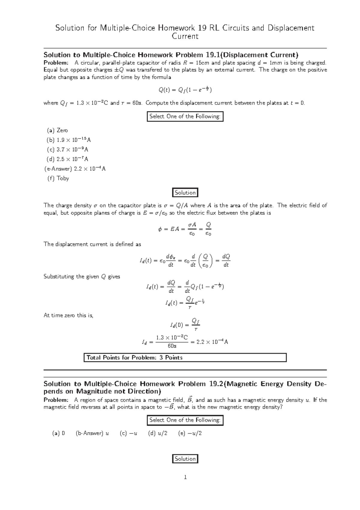 Onlinehomework-19-sln - Solution for Homework 19 RL Circuits and ...