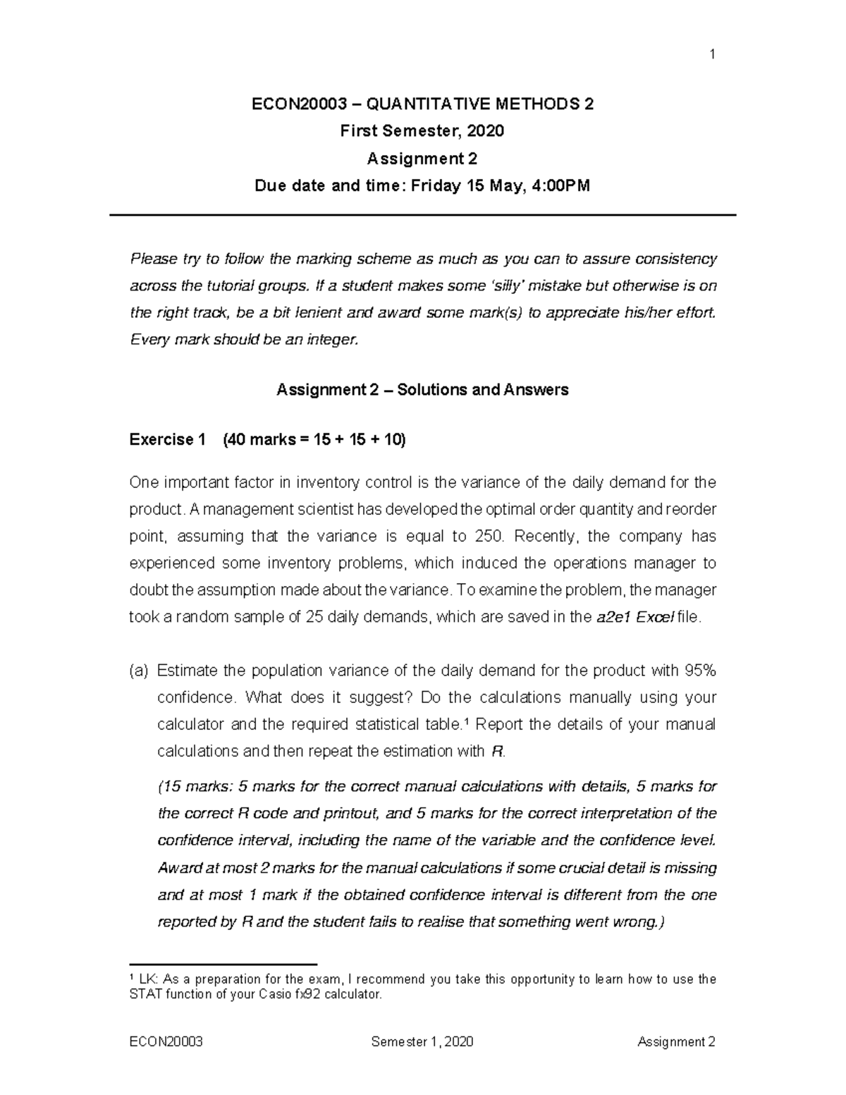 Assignment 2 Answers And Marking Guide Econ20003 Quantitative Methods 2 First Semester 2020