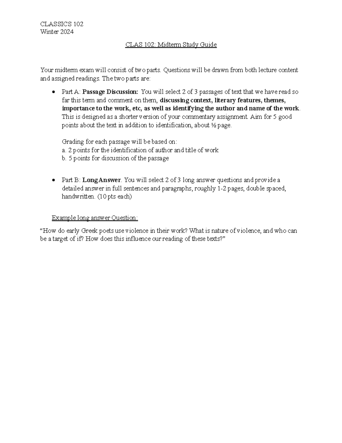 CLAS 102 Midterm Guide Winter 2024 - CLASSICS 102 Winter 2024 CLAS 102 ...