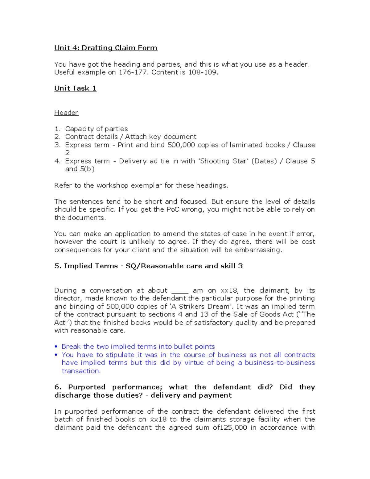 Unit 4 Dispute Resolution - Unit 4: Drafting Claim Form You have got ...