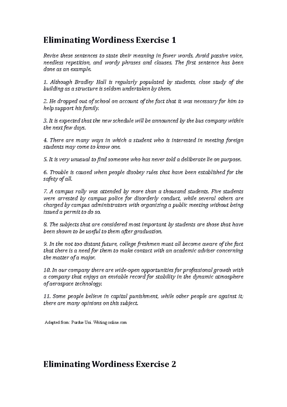 Eliminating Wordiness Exercises - Avoid passive voice, needless ...