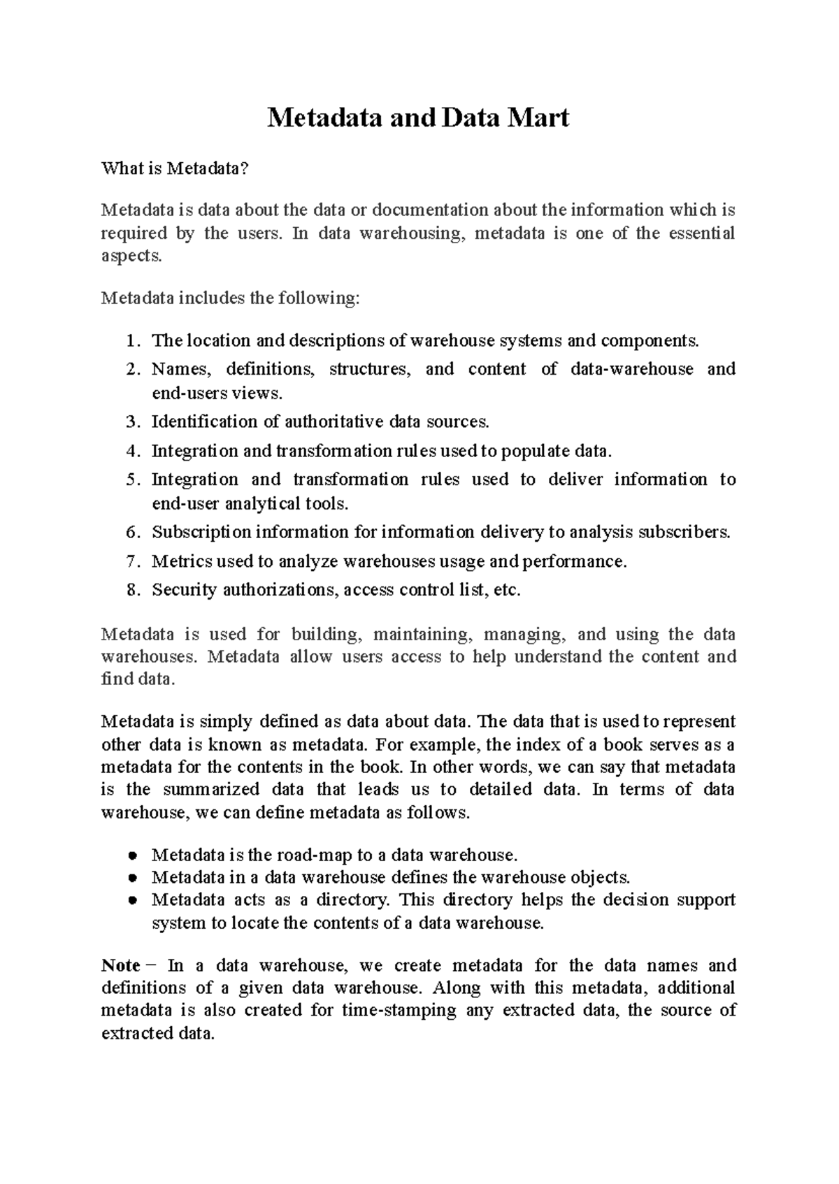 Metadata notes - NOPE - Metadata and Data Mart What is Metadata ...