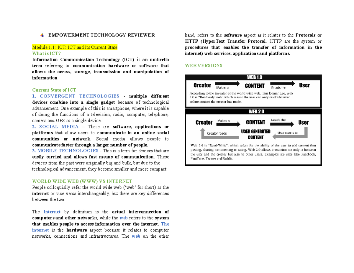 Empowerment Technology Reviewer Q3, JESS ANCH - EMPOWERMENT TECHNOLOGY REVIEWER Module 1: ICT ...