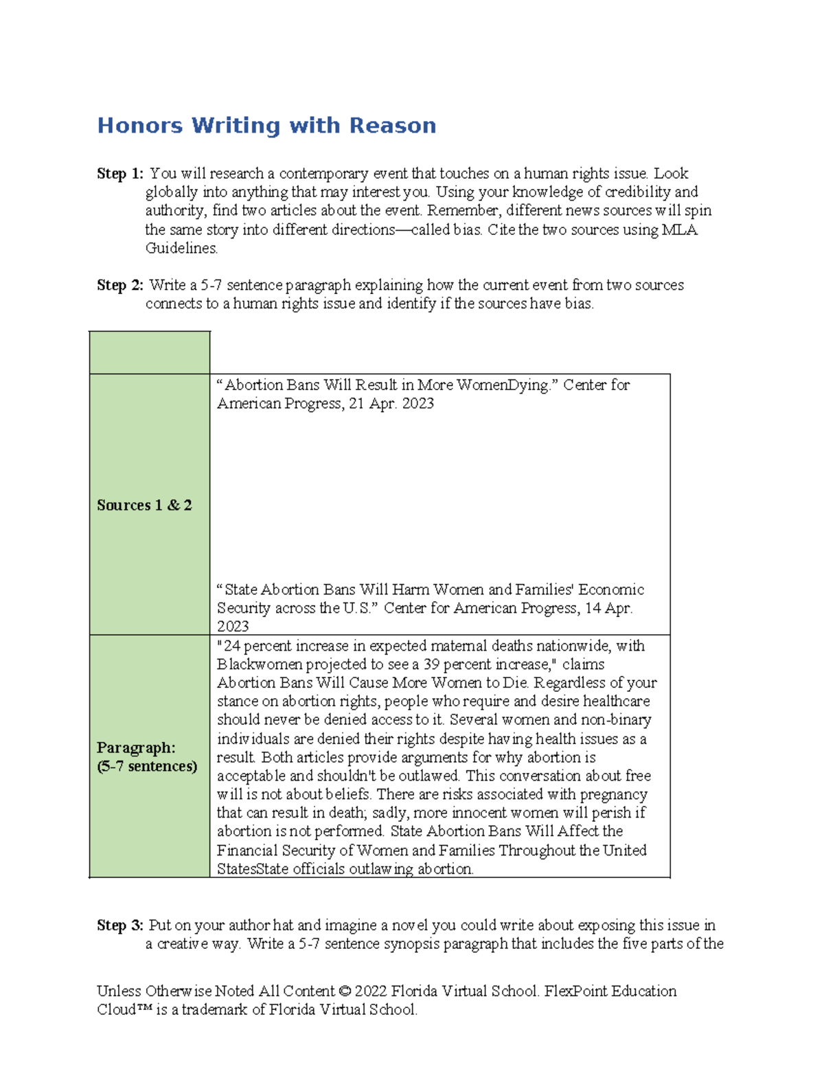 Honors reason assess rubric Turn in - Honors Writing with Reason Step 1 ...