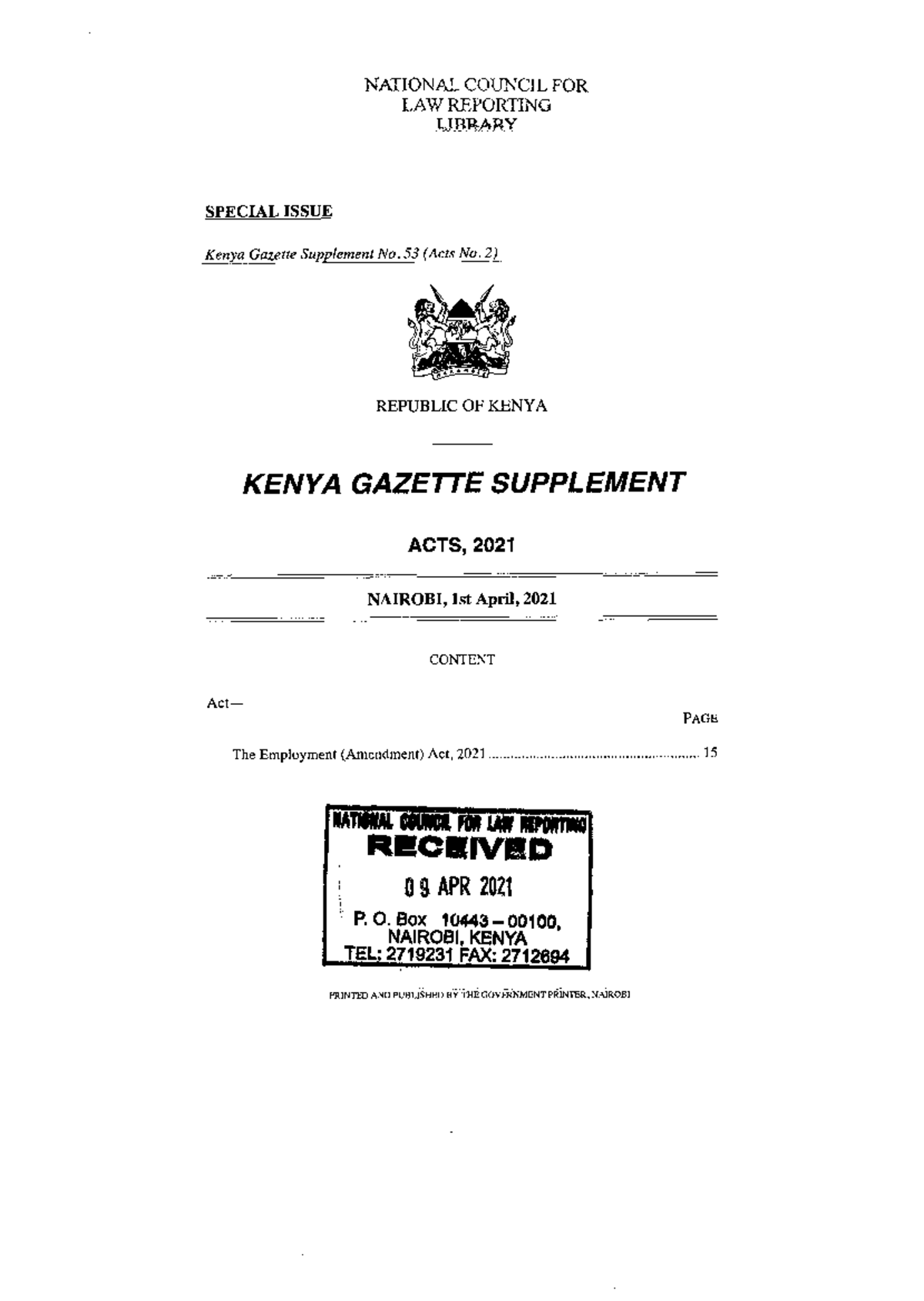 No.2of2021 Ammended Employment Act - NATIONAL COUNCIL FOR LAW REPORTING ...