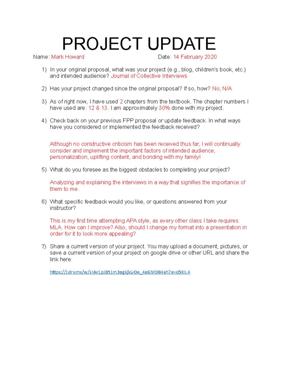 Faml100 document update Report Form(NEW) - PROJECT UPDATE Name: Mark ...