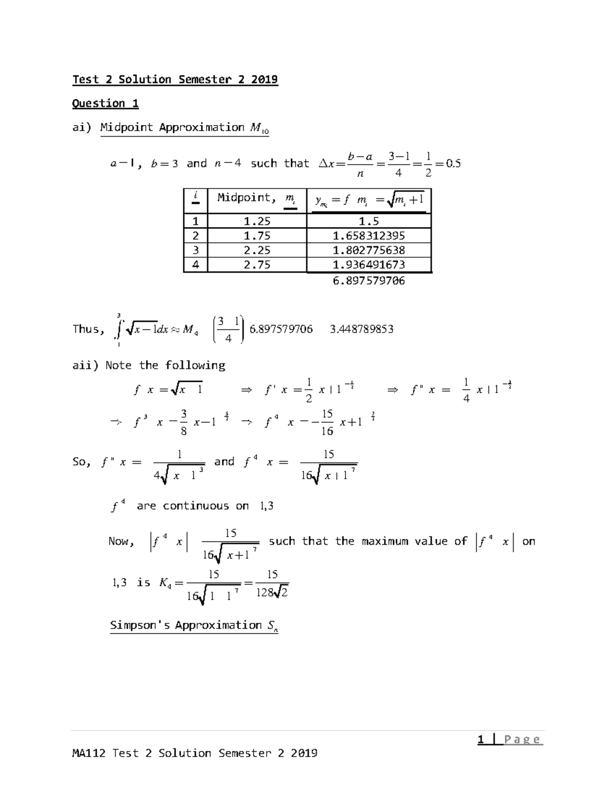 MA112 Test 2 S2 2019 Solutions - 1 | P a g e Test 2 Solution Semester 2 ...