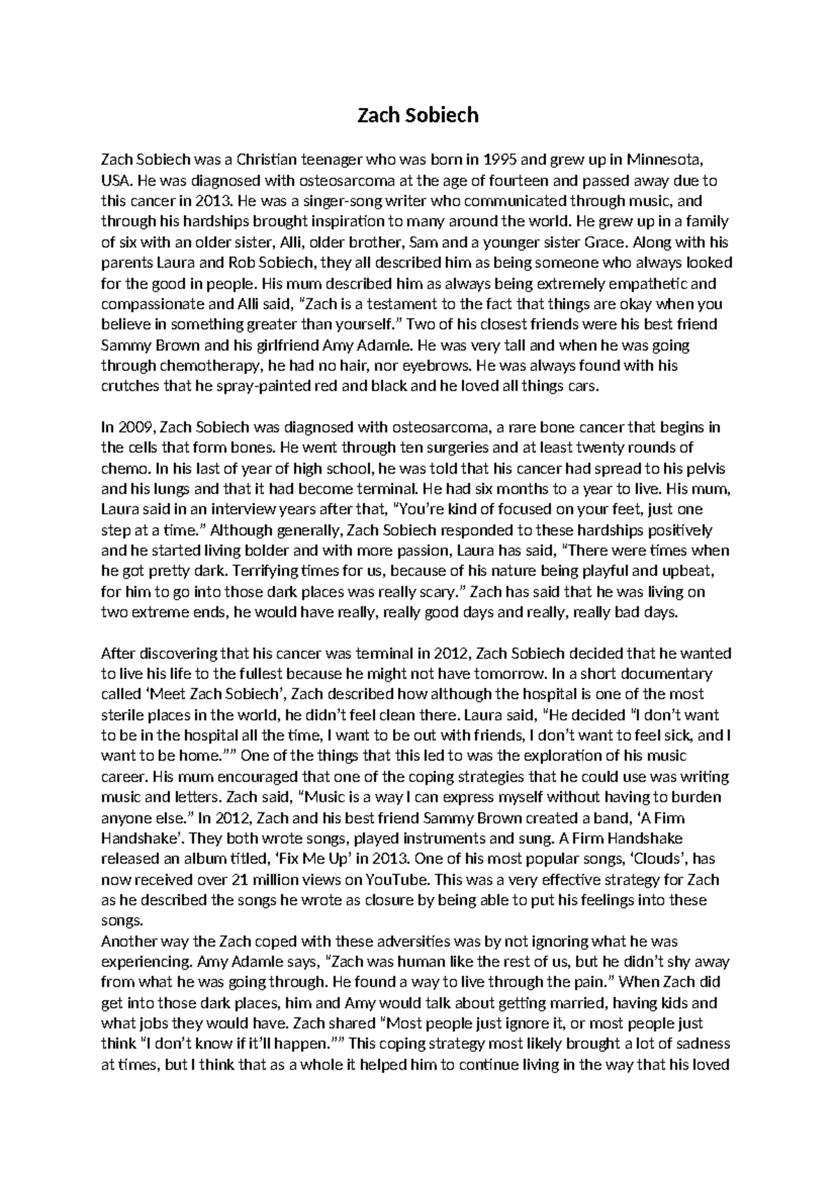 PDH Assessment - Life of Zach Sobiach - Zach Sobiech Zach Sobiech was a ...