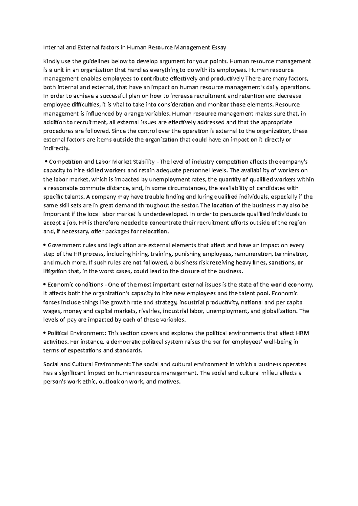 Internal and External factors in Human Resource Management Essay ...