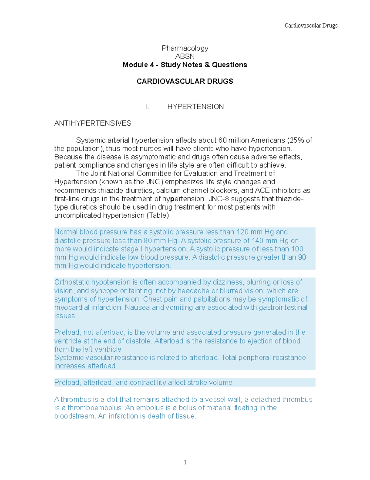 Mod 4 - Cardiovascular Study Notes and Questions - Pharmacology ABSN ...