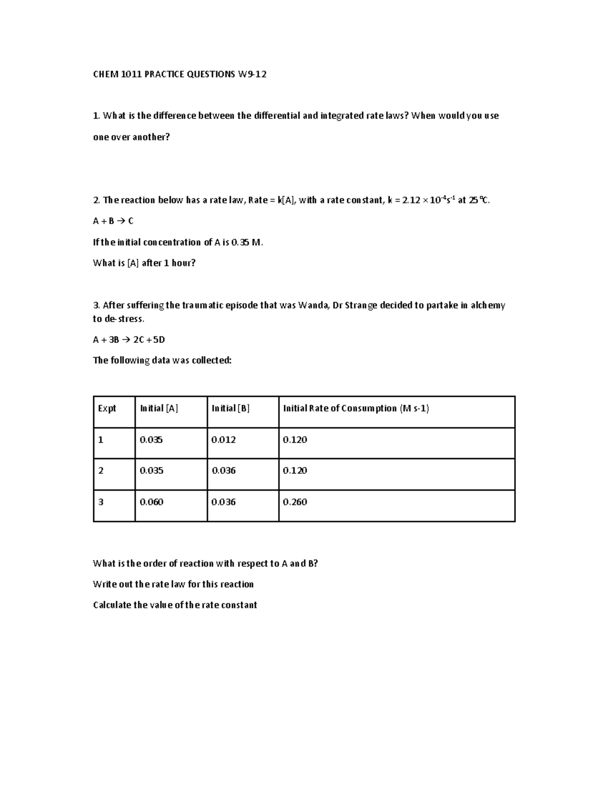 Chem1011 w9-w12 practice questions - CHEM 1011 PRACTICE QUESTIONS W9- What is the difference ...