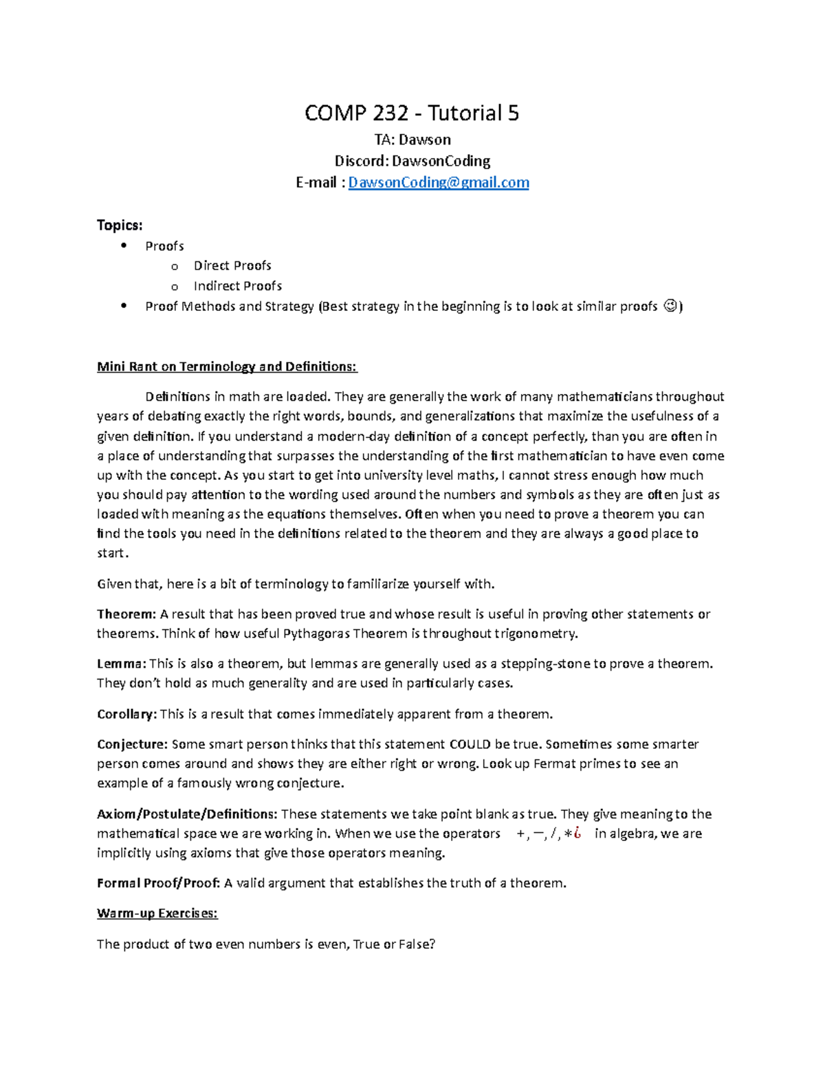 COMP232 Tutorial 05 - COMP 232 - Tutorial 5 TA: Dawson Discord: DawsonCoding E-mail : - Studocu
