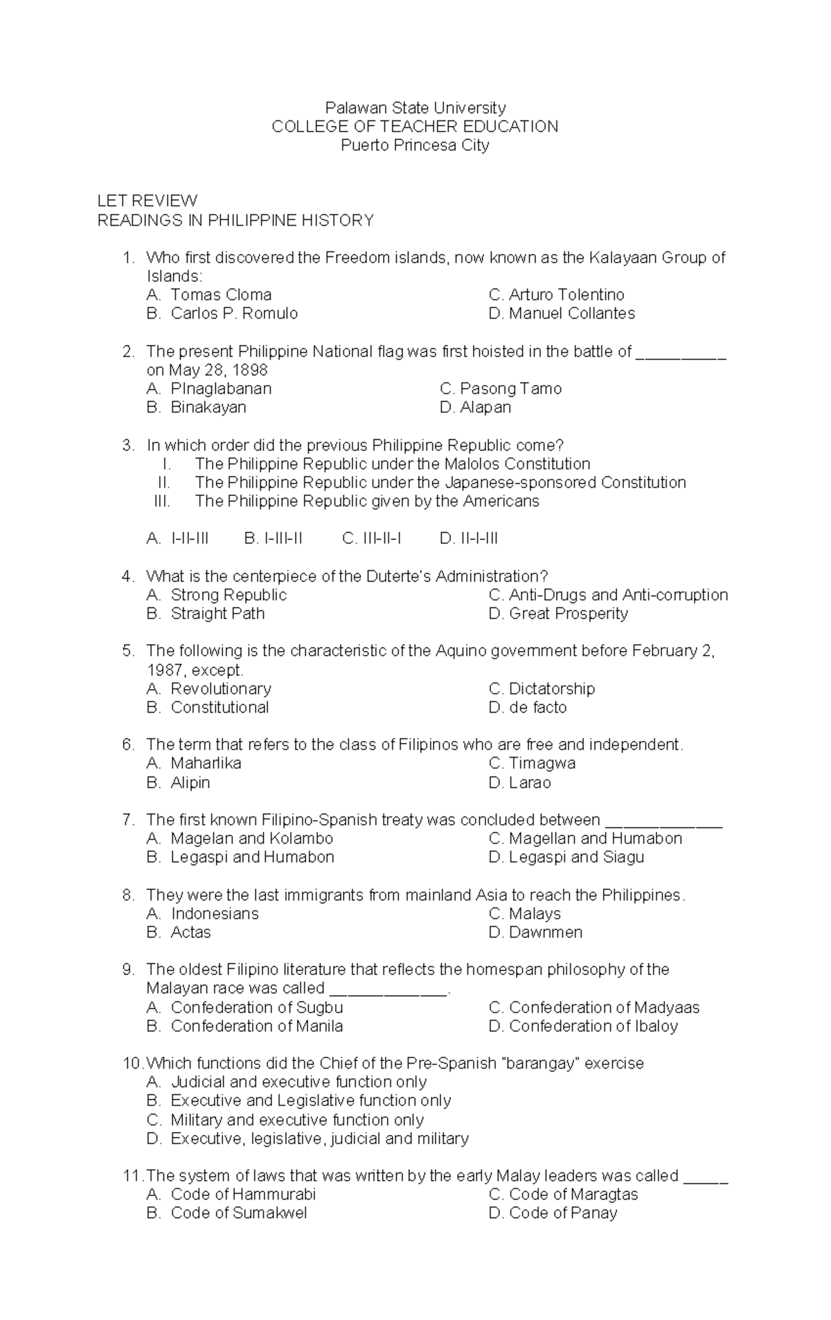 Practice-TEST-Phil - Important - Palawan State University COLLEGE OF ...