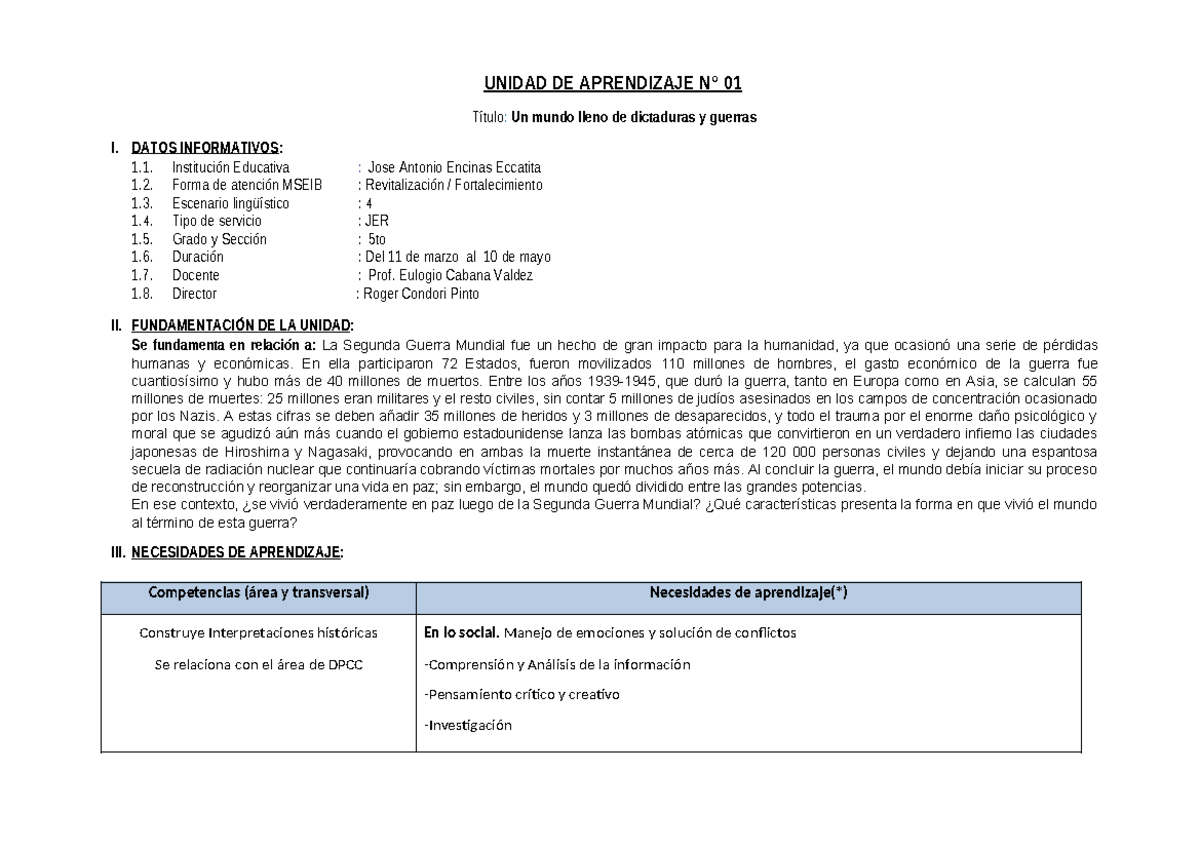 Esquema DE Unidad DE Aprendizaje 5to - UNIDAD DE APRENDIZAJE N° 01 Título: Un mundo lleno de ...
