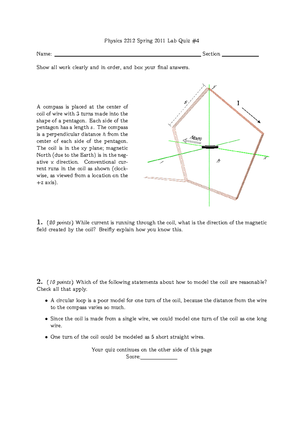 2212L8Q4 - Old Practice Test/Quiz - Physics 2212 Spring 2011 Lab Quiz ...