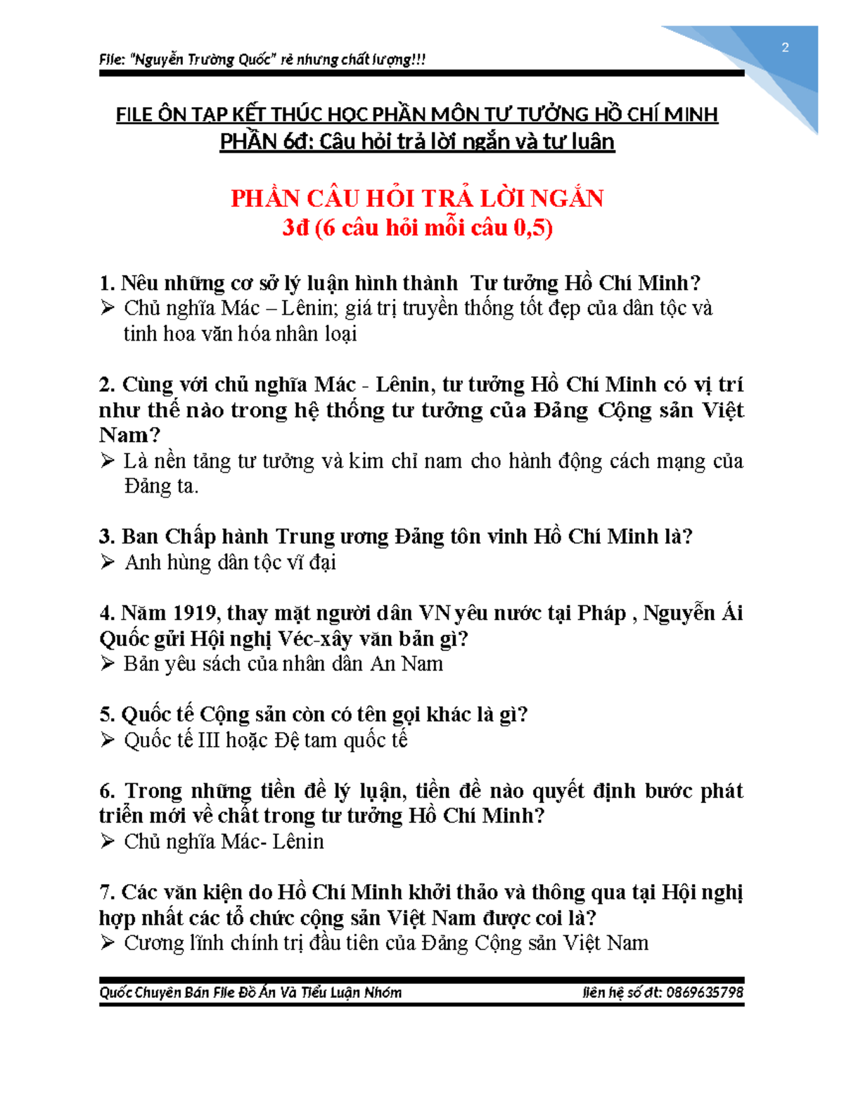 Phần 6 Điểm Câu Hỏi Ngắn và Tự Luận môn TƯ TƯỞNG HỒ CHÍ MINH Ng Tr - File: “Nguyễn Trường Quốc ...