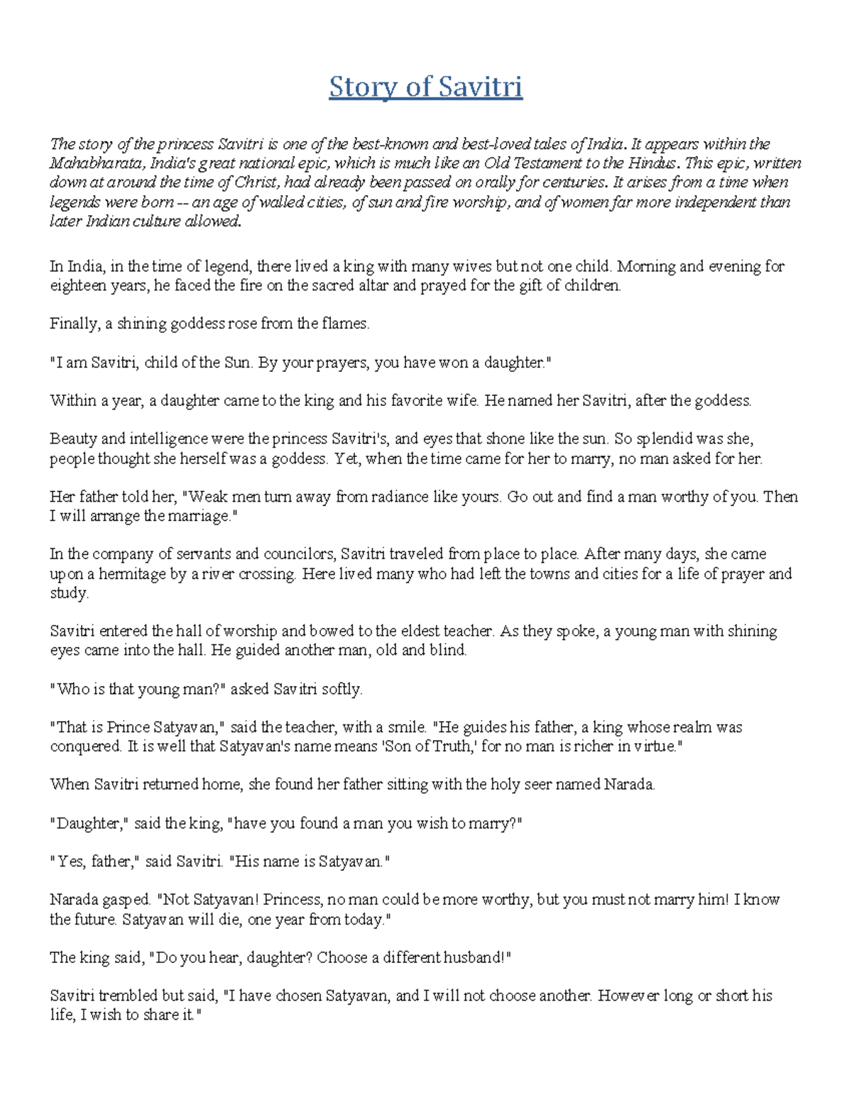 Story of Savitri - n/a - Story of Savitri The story of the princess ...