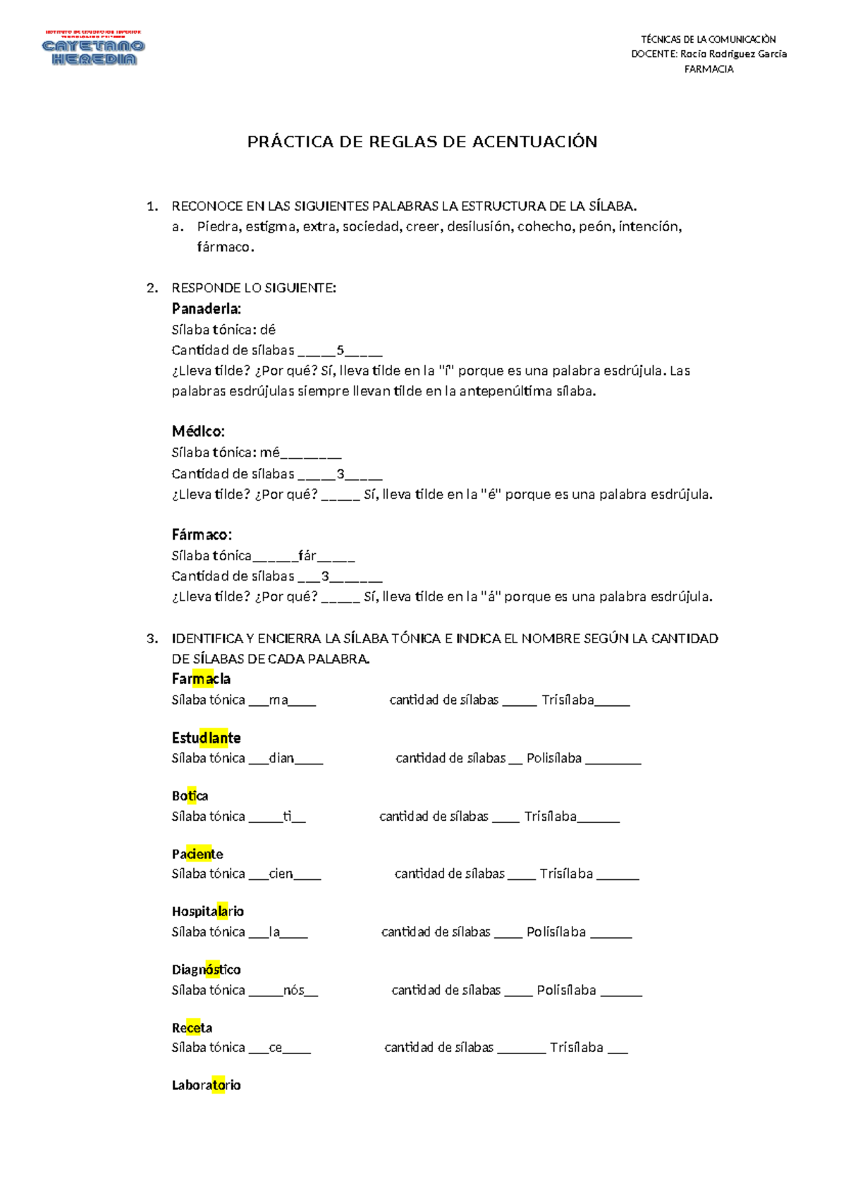 Reglas DE Acentuación Práctica - PRÁCTICA DE REGLAS DE ACENTUACIÓN 1 ...