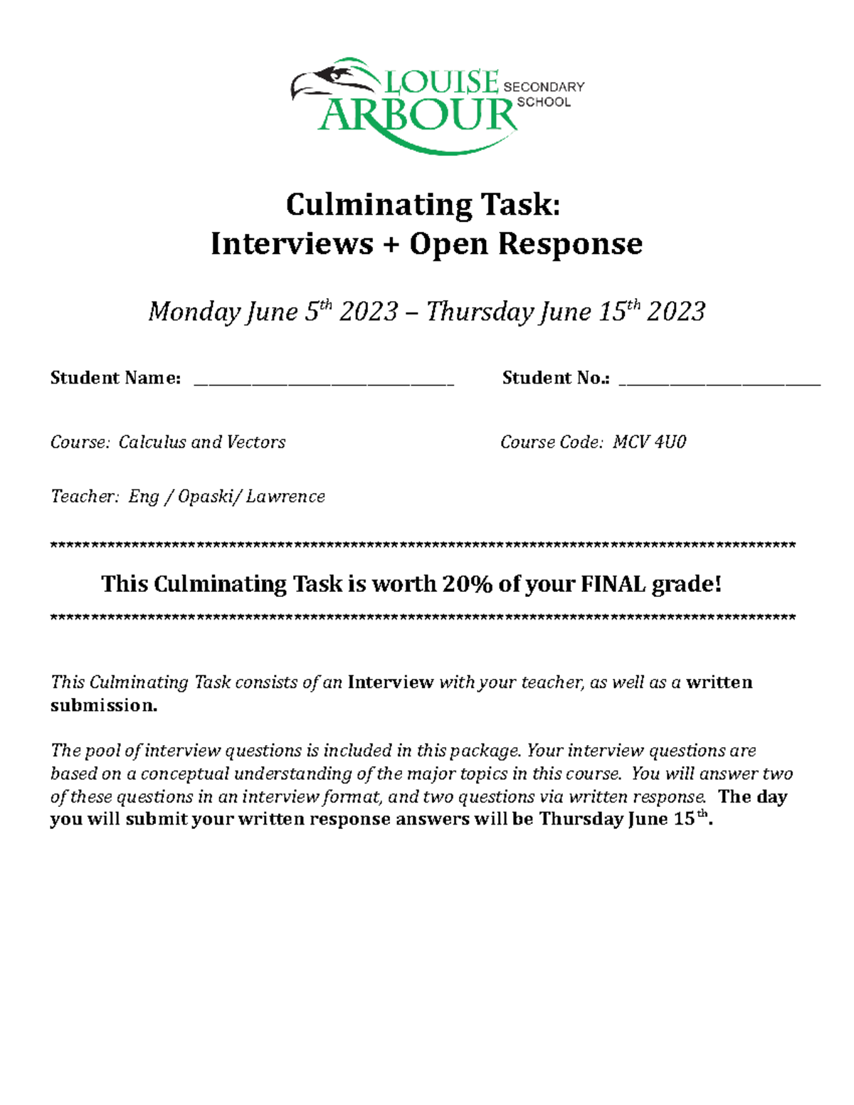 MCV Culminating Task 1 - Interviews + Open Response 2023 - Culminating ...