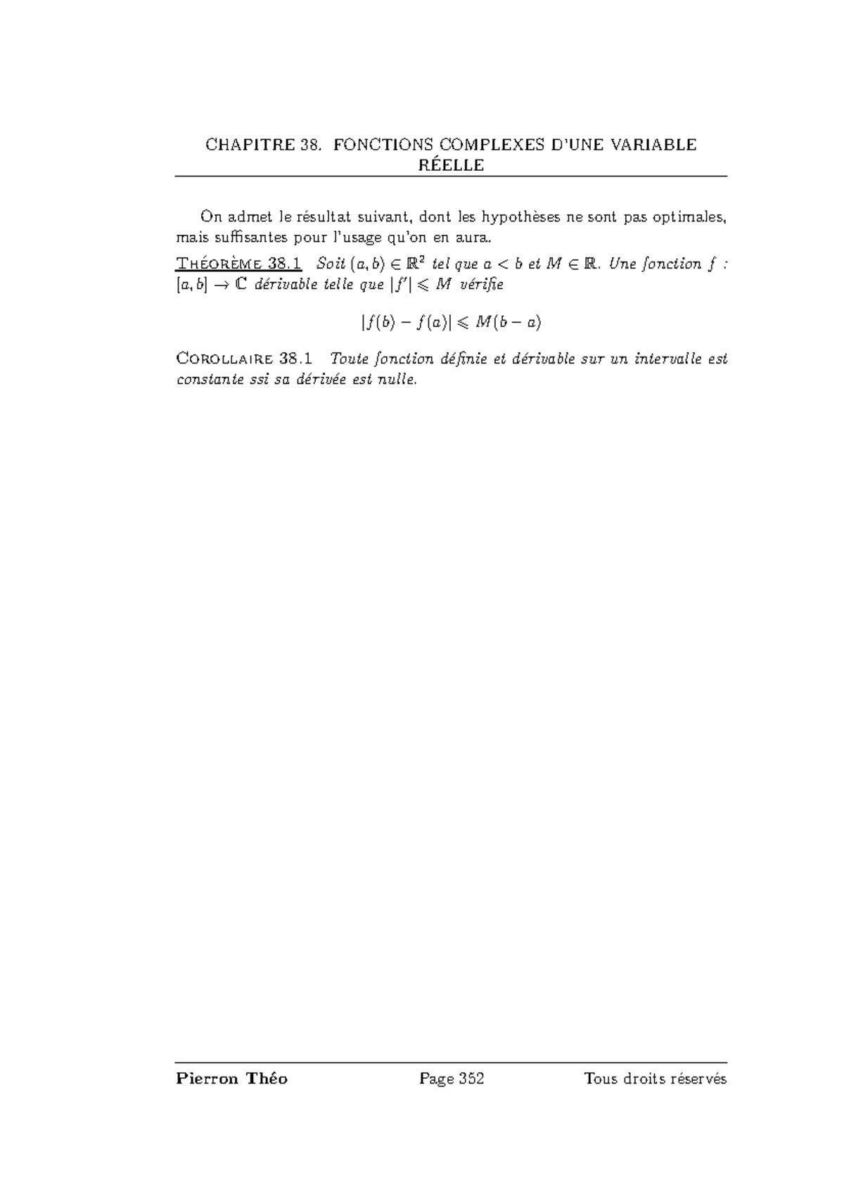 Maths mpsi-124 - CHAPITRE 38. FONCTIONS COMPLEXES D’UNE VARIABLE RÉELLE On admet le résultat ...