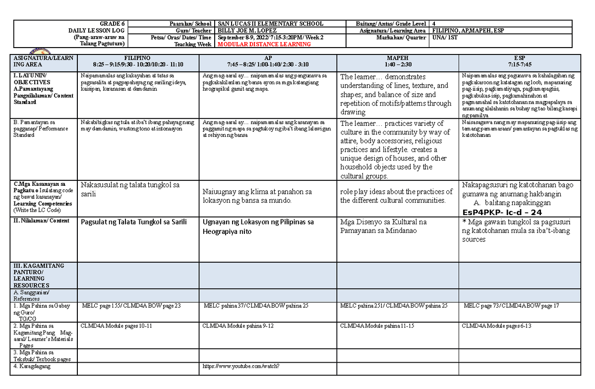 Q1 WEEK 2 DLL SEPT. 8-9 - Lesson Plan - GRADE 6 DAILY LESSON LOG (Pang ...