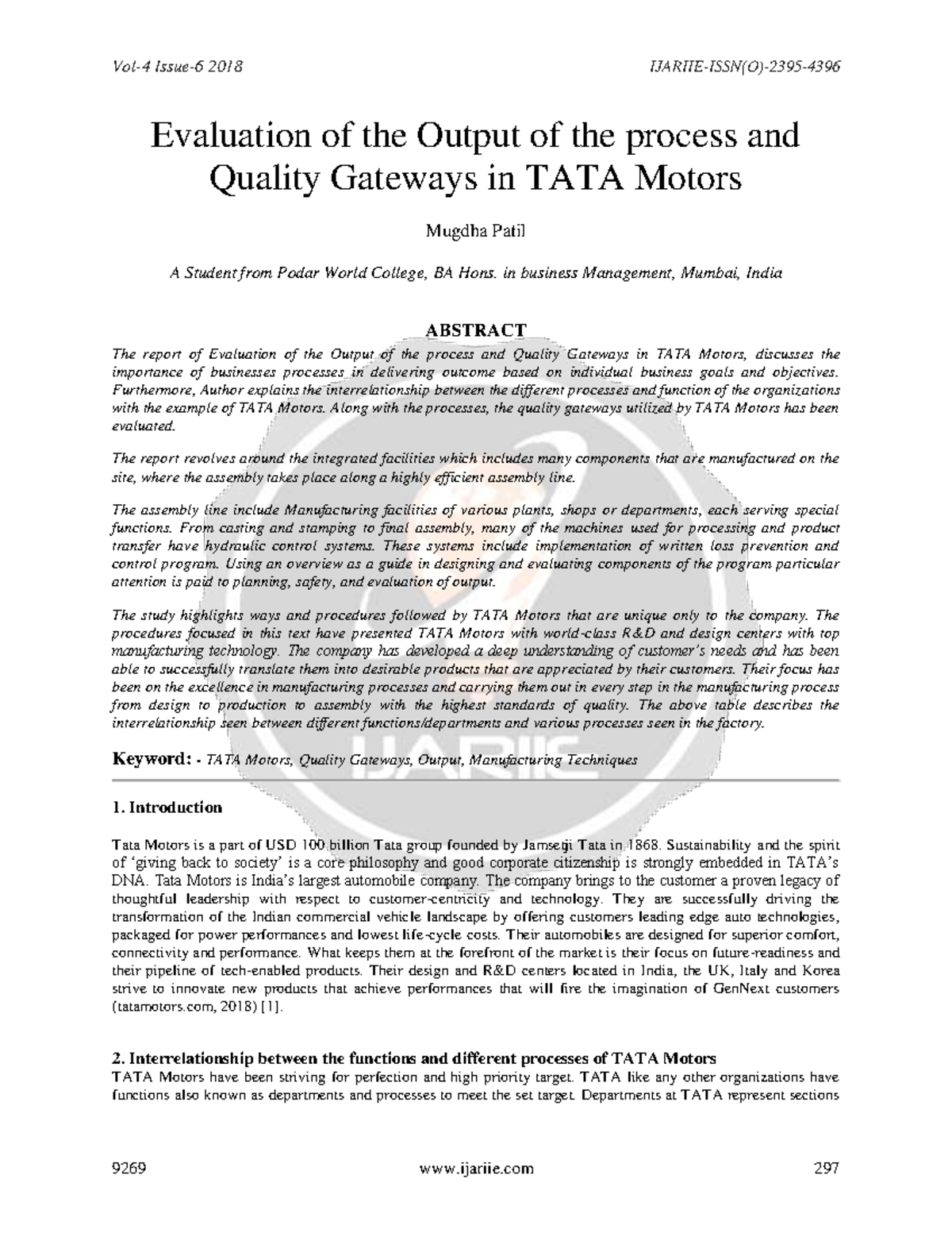 Evaluation of the Output of the process and Quality Gateways in TATA ...