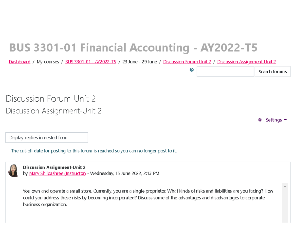BUS 3301-01 - AY2022-T5 Discussion Assignment-Unit 2 - BUS 3301-01 Financial Accounting - AY2022 ...