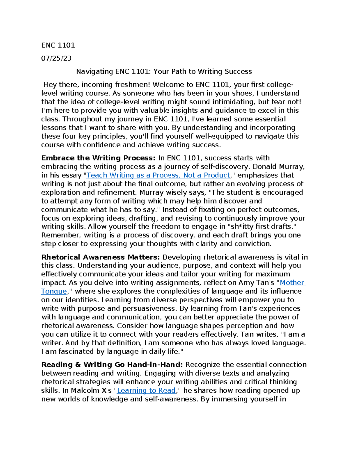 Document 28 - kh g h - ENC 1101 07/25/ Navigating ENC 1101: Your Path ...