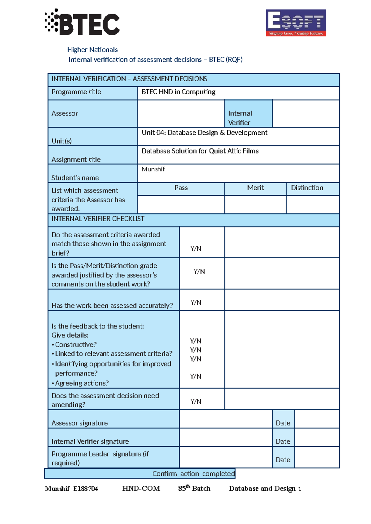 Munshif Database assignment - Higher Nationals Internal verification of assessment decisions ...