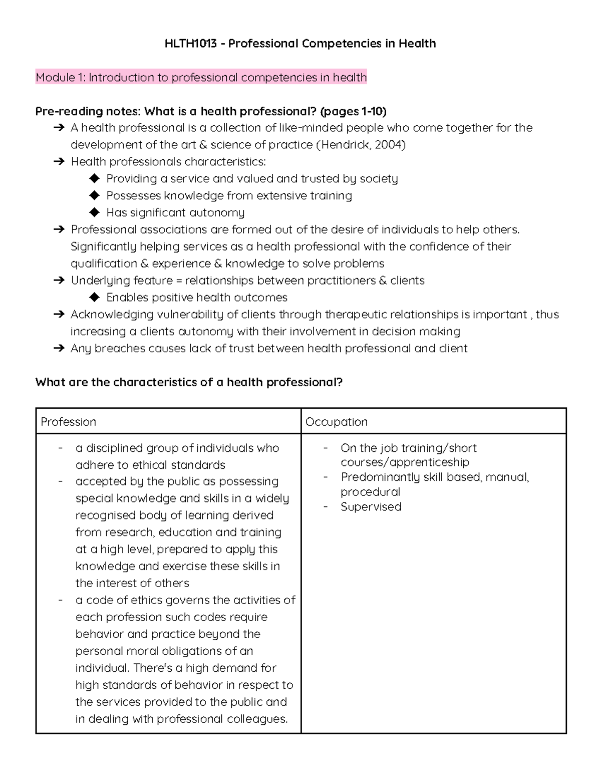 HLTH1013 - notes - HLTH1013 - Professional Competencies in Health ...