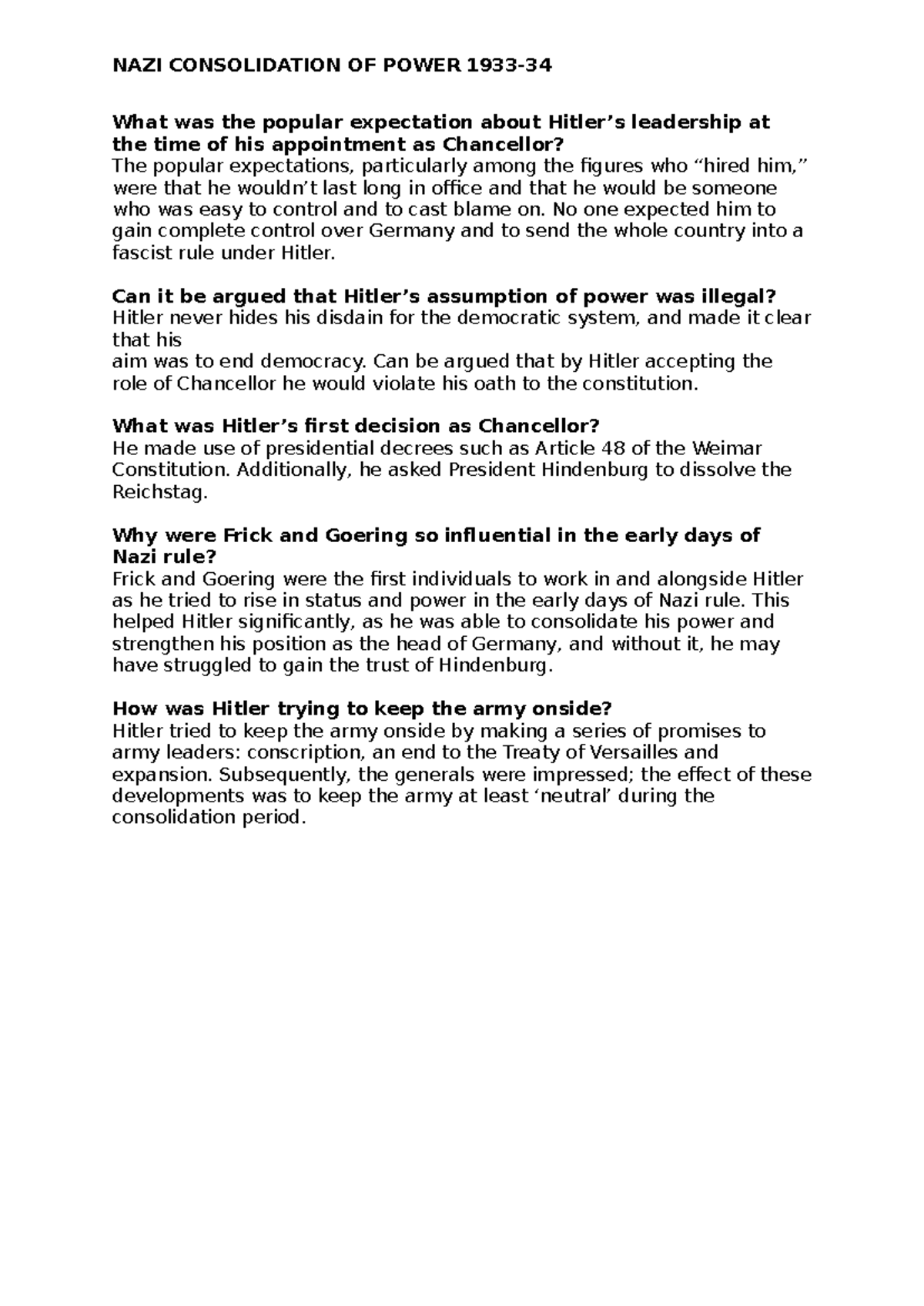 Nazi consolidation of power 1933-34 - NAZI CONSOLIDATION OF POWER 1933 ...