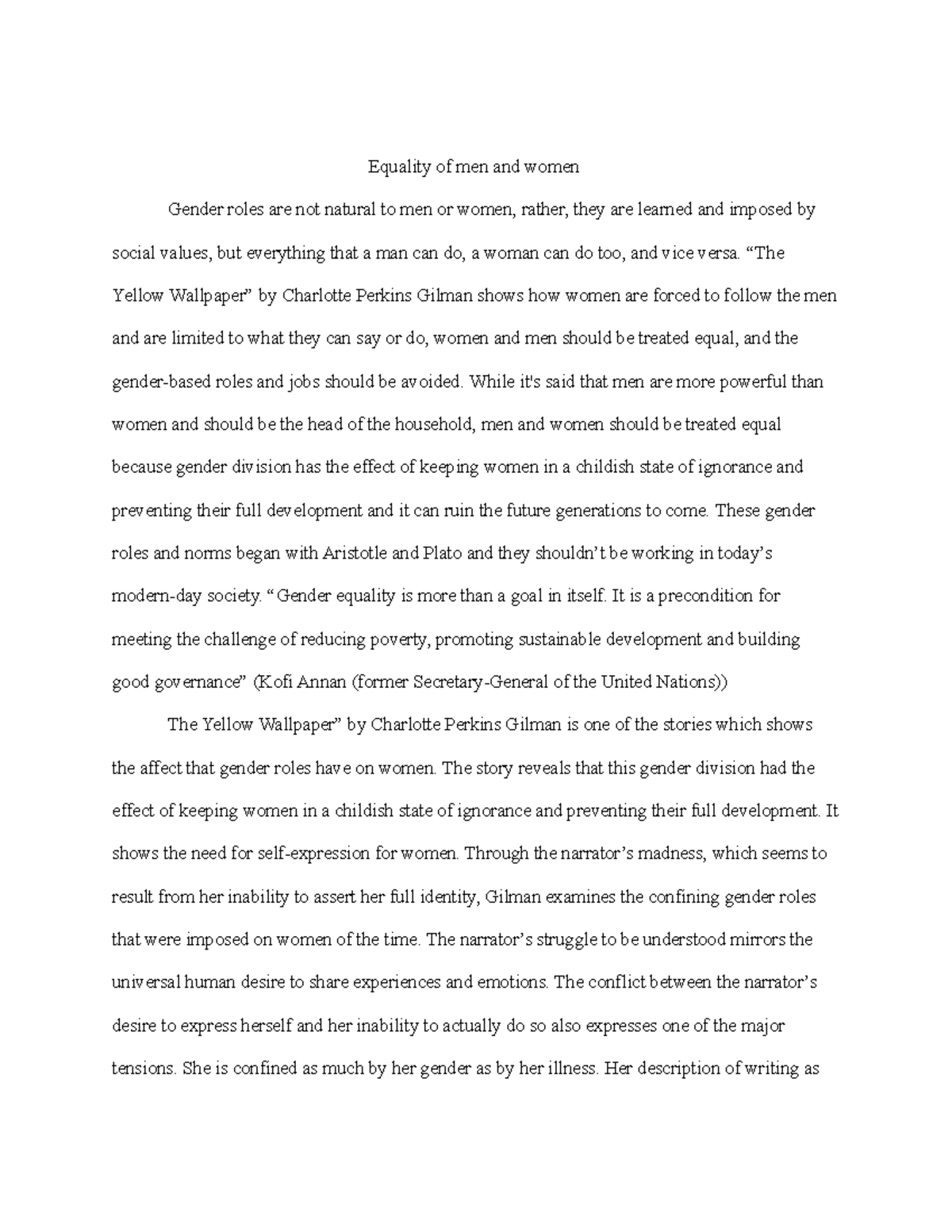 Research Paper Assignment - Equality of men and women Gender roles are ...