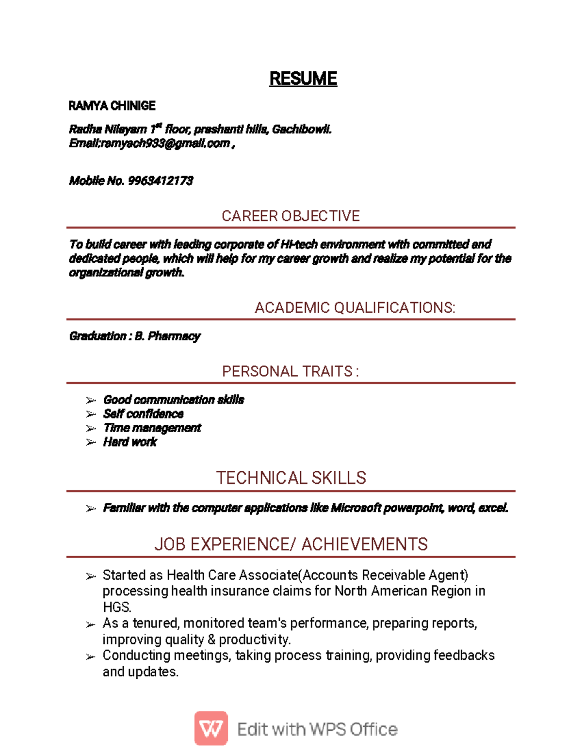 Psychology notes - RESUME RAMYA CHINIGE Radha Nilayam 1 st floor ...