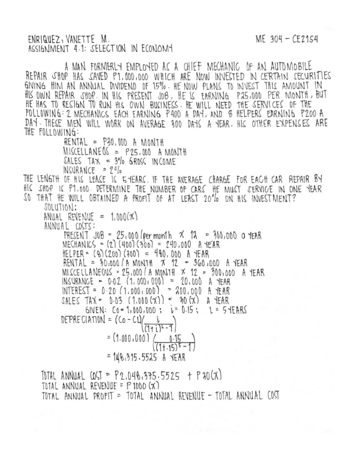 Selection in Economy (Sample Problem with Solution) - Engineering Economy - Studocu